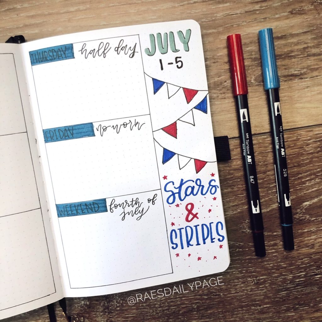 July Bullet Journal | Red, White, and Blue Bujo - Rae's Daily Page